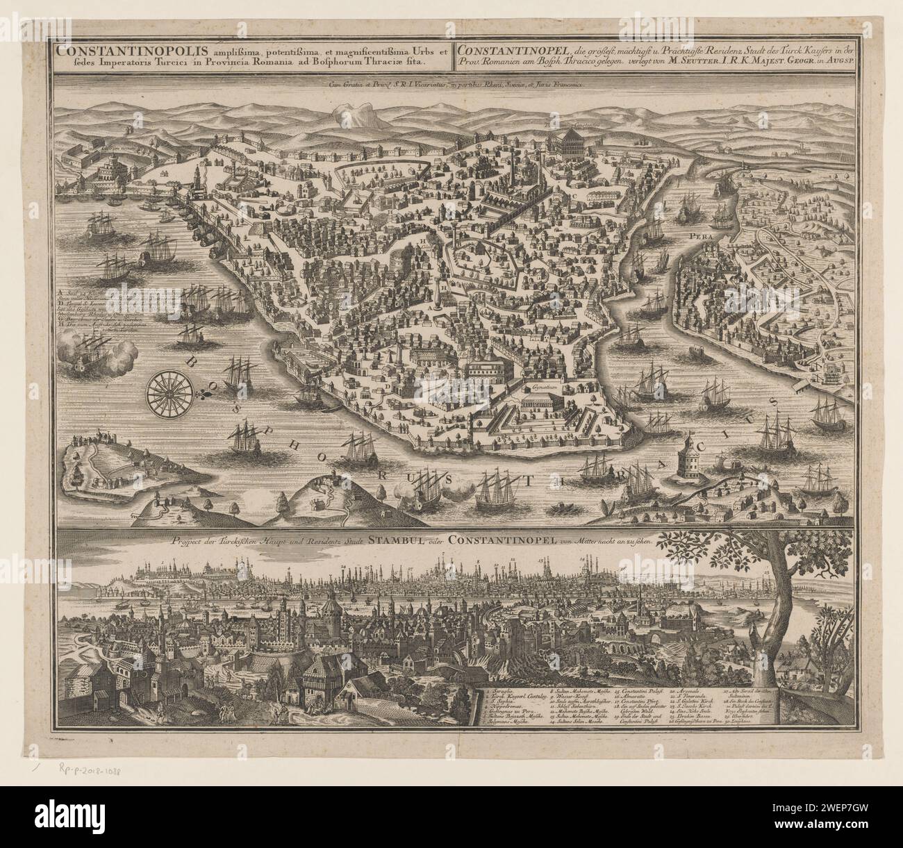 Map of and face on Istanbul, Anonymous, 1707 - 1757 print Above a map ...