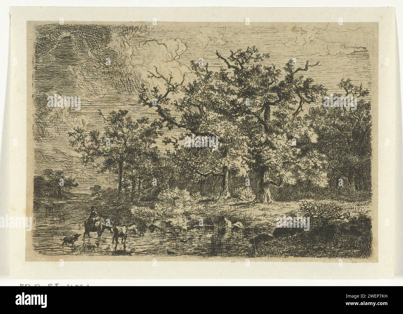 Landscape with trees and woman on donkey in shallow water, Willem Jan ...