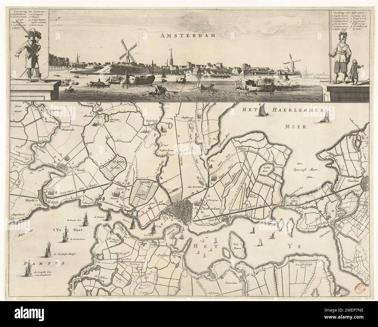 Profile of Amsterdam with a map of the blockade by the troops of Willem II, 1650, 1650 print ...