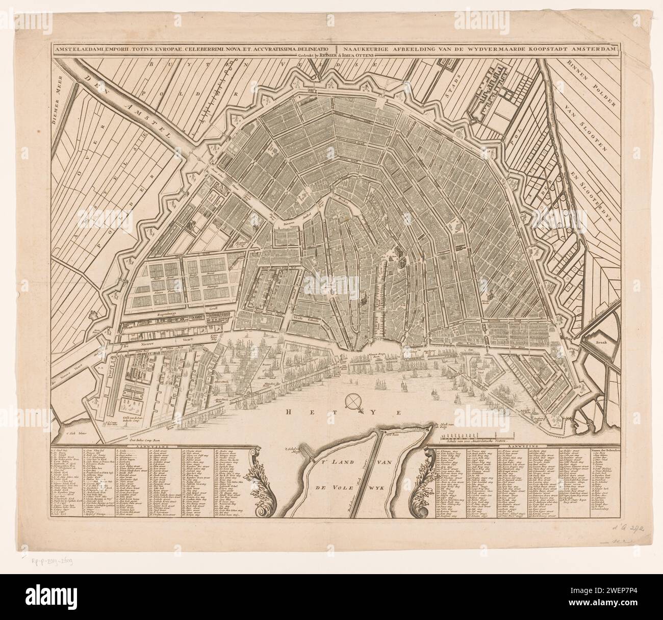 Map of Amsterdam, Anonymous, c. 1730 print Bottom left the Legenda A-Z, A-Z, A-N and 1-116. At ...