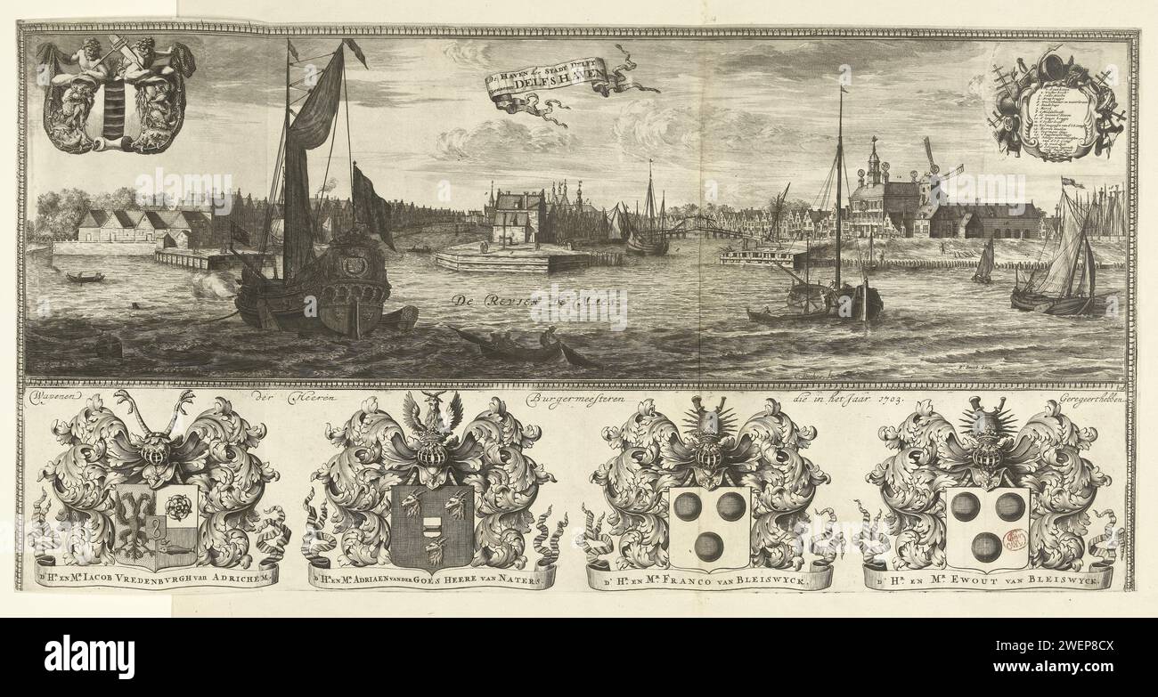 View of Delfshaven and weapons of the mayors of Delft in the year 1703 ...