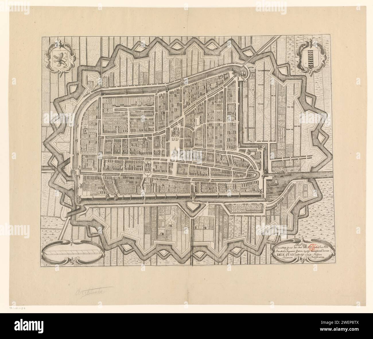 Map of Delft, 1672, Anonymous, 1729 print Map of Delft in 1672, in a ...