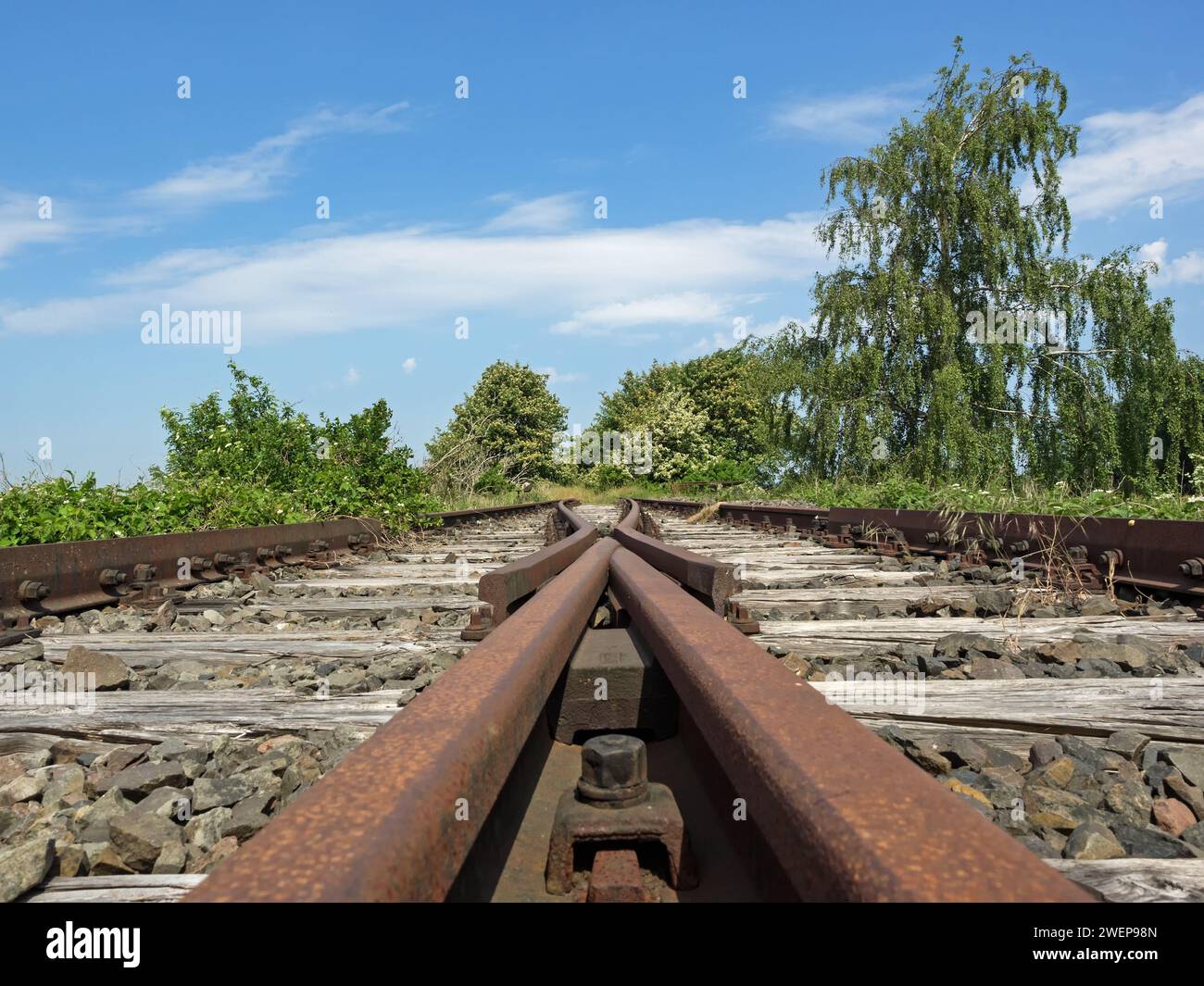 Rusted tracks of a disused railroad line lead to nowhere Stock Photo ...