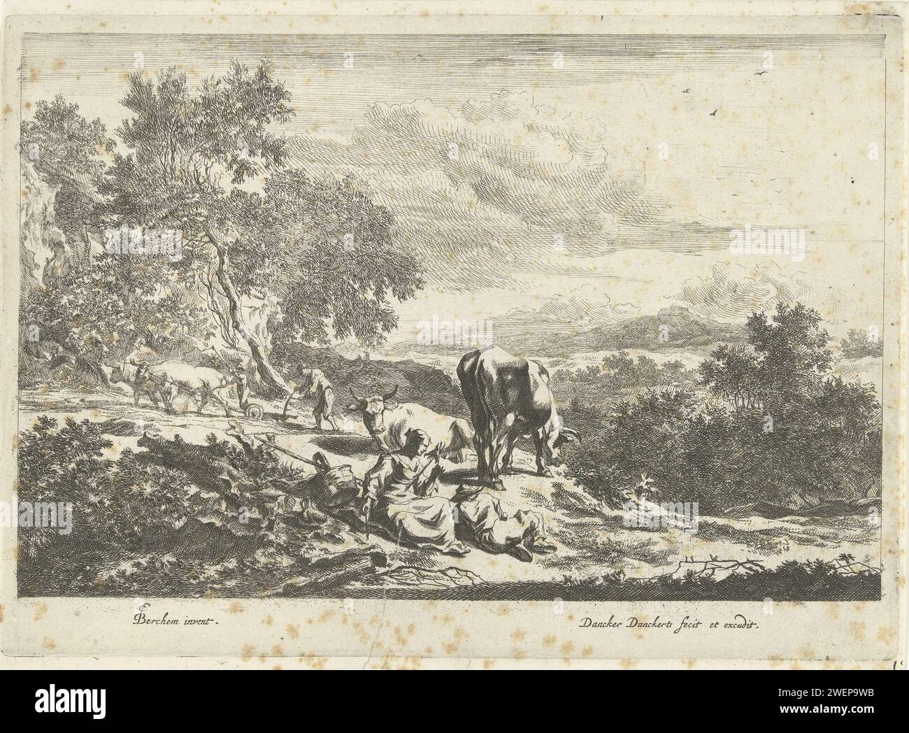 Italian landscape with spinning woman and plowing farmer, Dancker ...