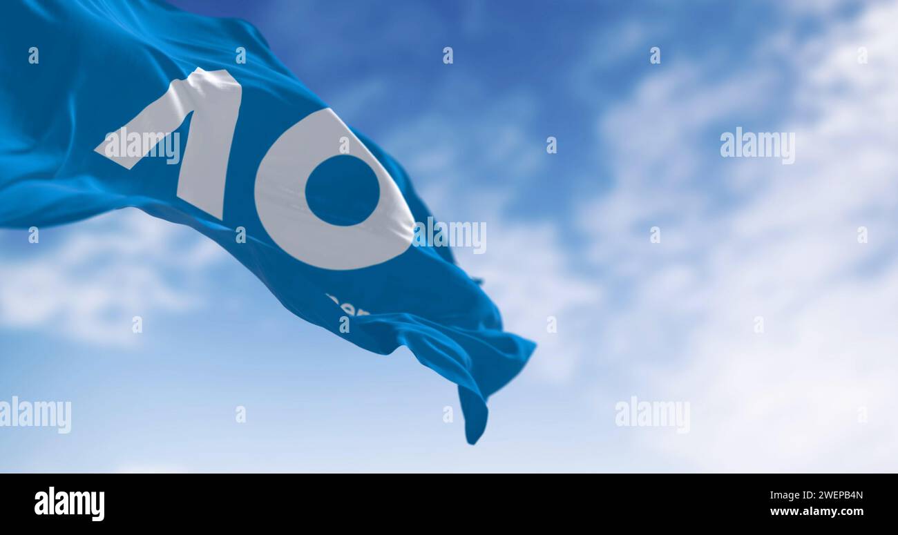 Melbourne, AU, Dec 1 2023: Close-up of Australian Open flag waving ...