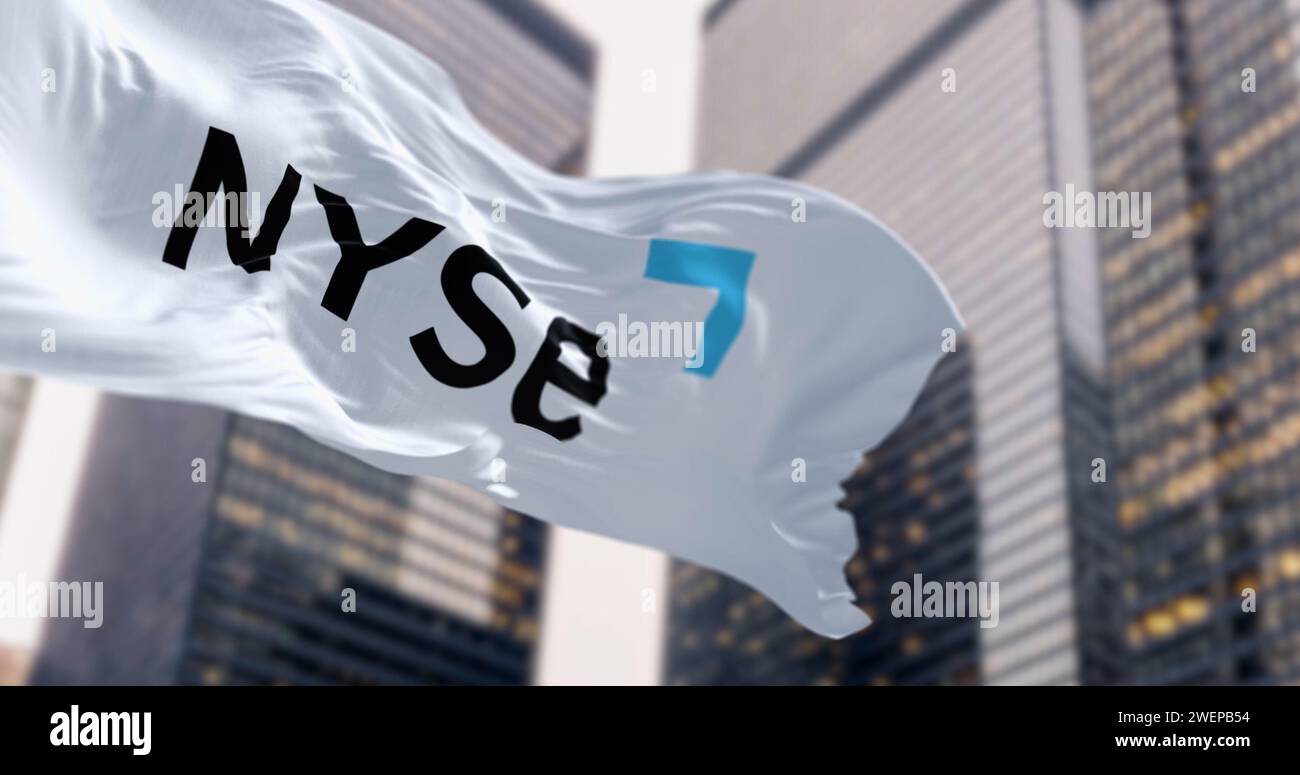 New York City, US, Dec 4 2023: Close-up of NYSE flag waving. American ...