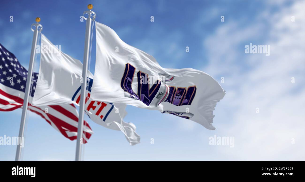 Paradise, US, Dec 20 2023: 58th Super Bowl and NFL flags waving. The ...