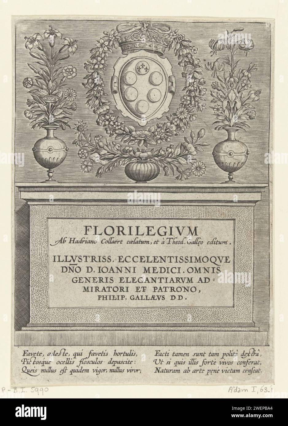 Three flower vases and the weapon of the Medici, 1570 - 1618 print ...