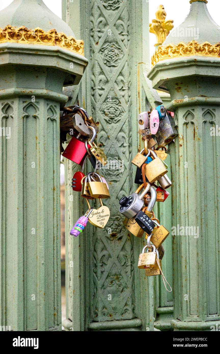 Love locks attached to westminster bridge London England Stock Photo ...