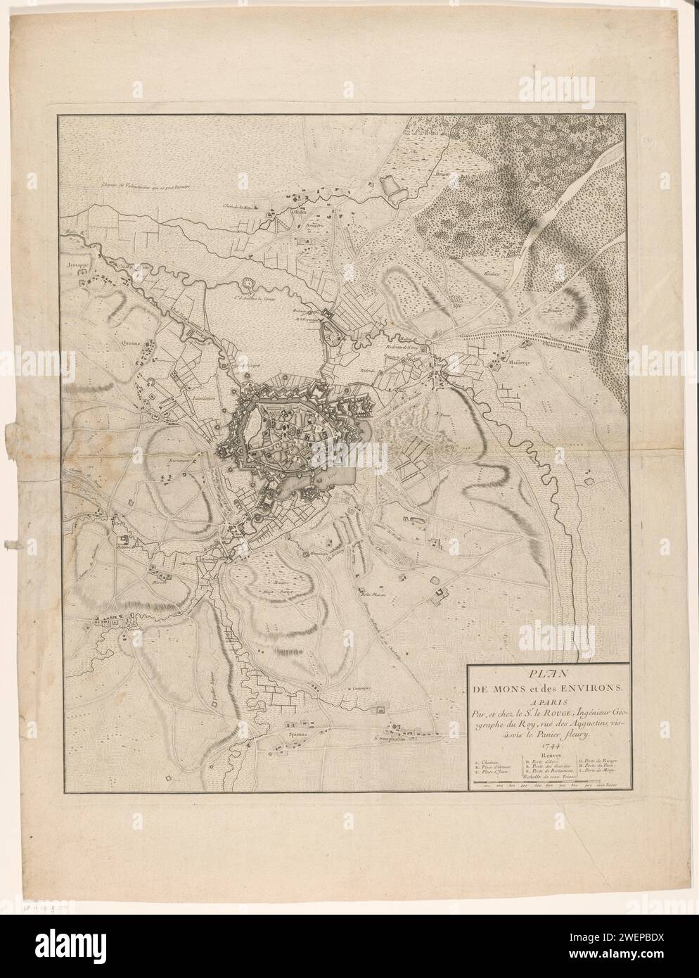 Map of Bergen (Mons) and its surroundings, Anonymous, 1744 print Map of ...
