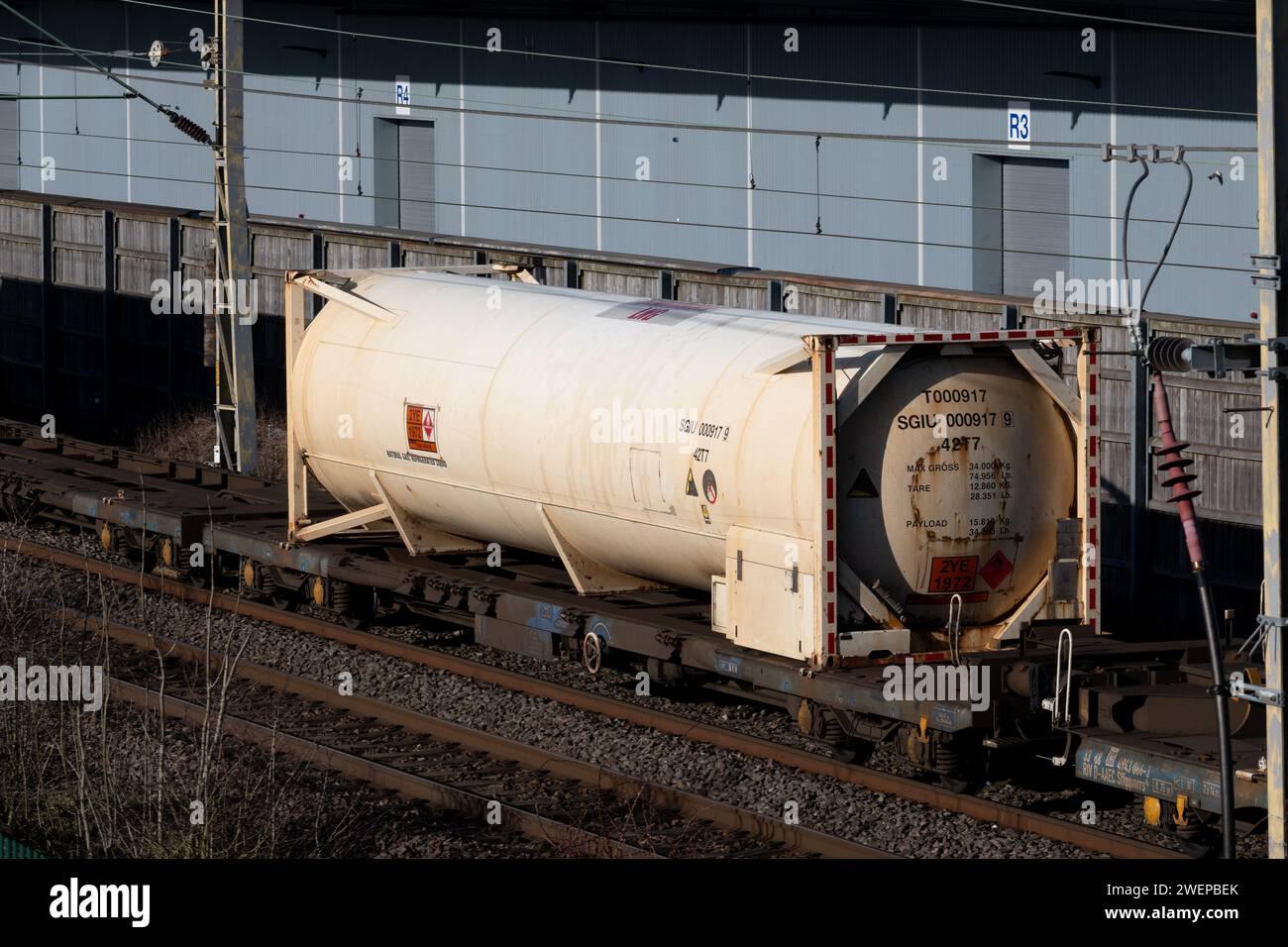 Natural gas tank on a train, West Coast Main Line, Northamptonshire, UK ...