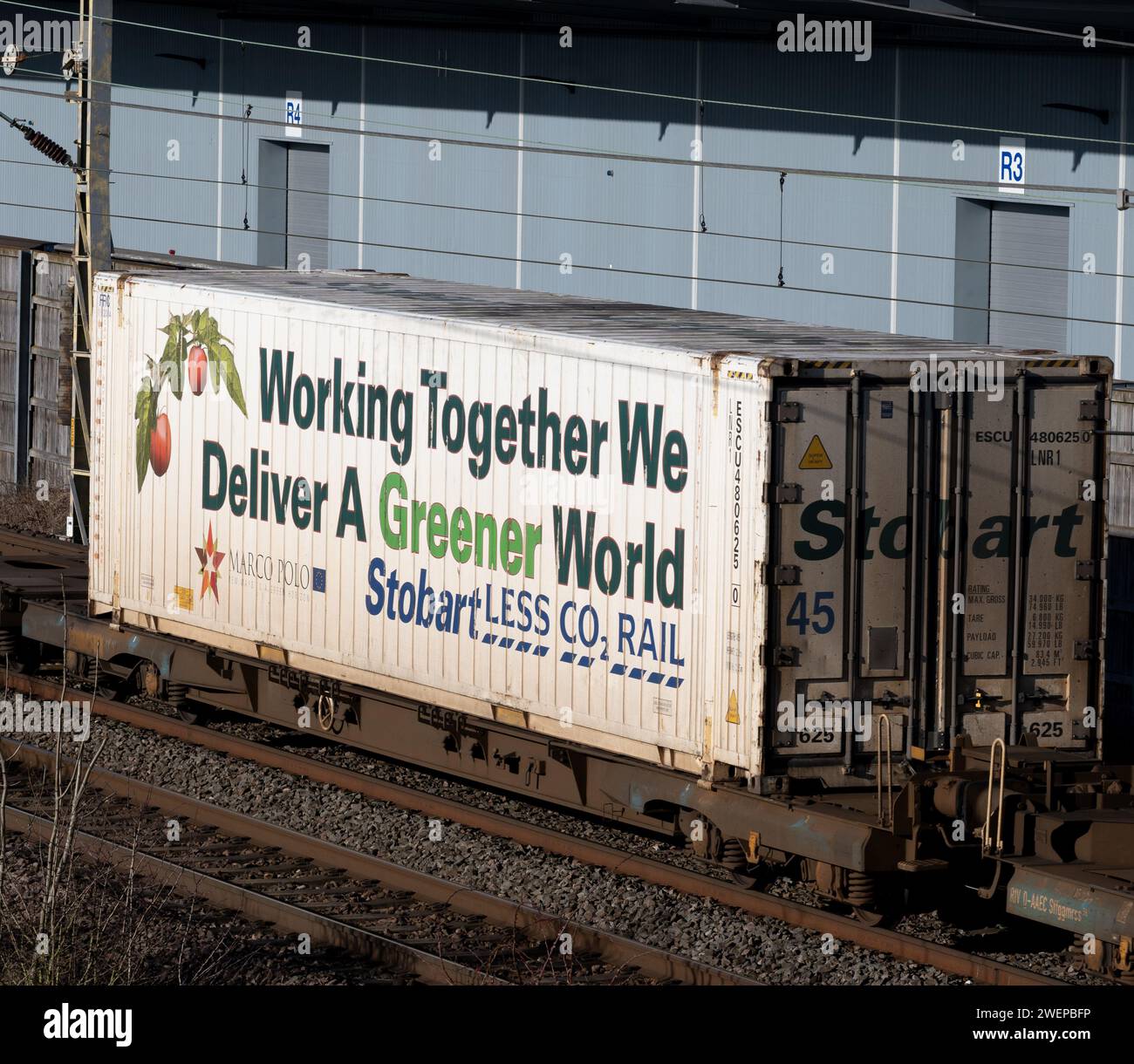 Stobart container on a train, West Coast Main Line, Northamptonshire ...