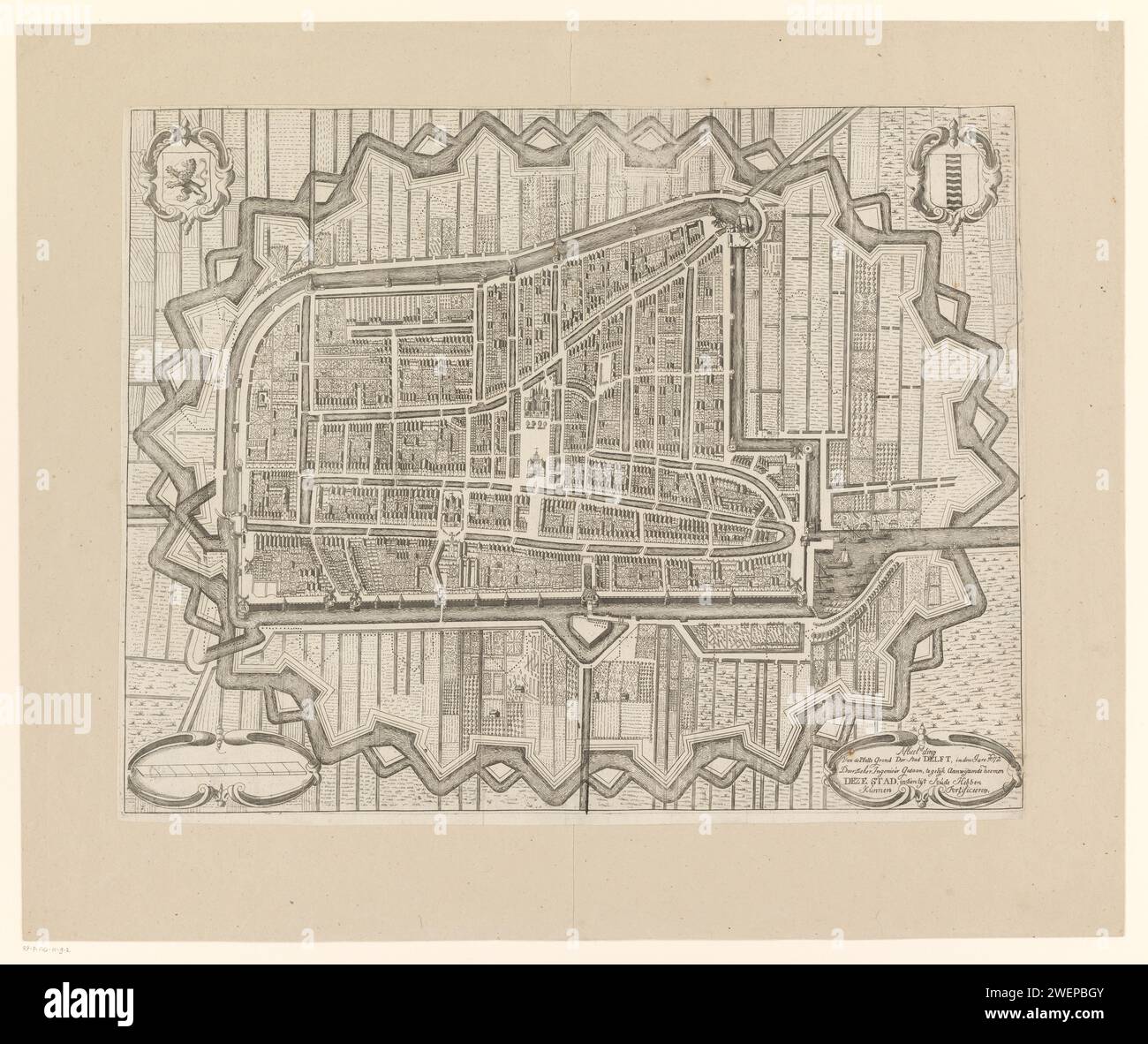 Map of Delft, 1672, Anonymous, 1729 print Map of Delft in 1672, in a ...