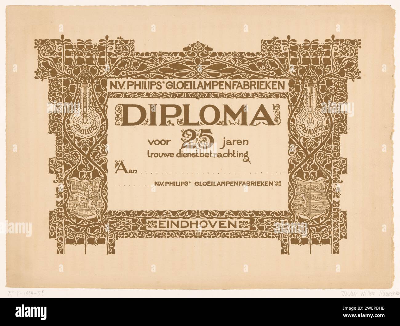 Diploma for twenty -five years of service at Philips, Theo Nieuwenhuis ...