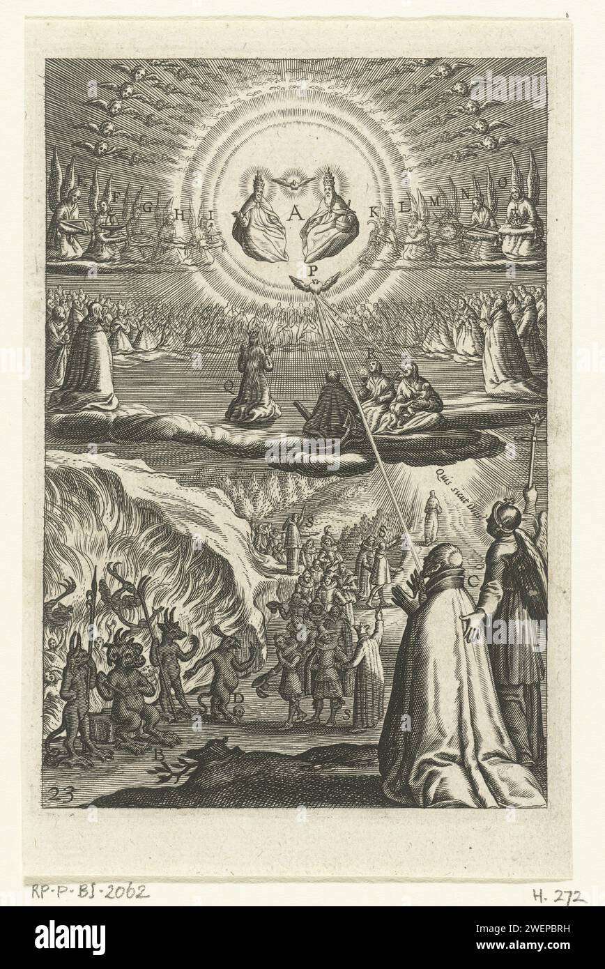 Emblem with man who must choose whether he will serve God or the devil ...