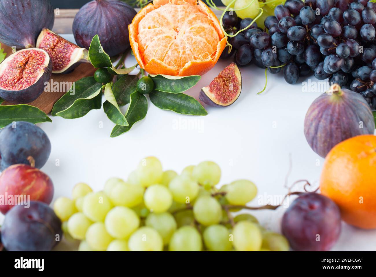 Organic food frame border on white background. Fresh fruit Stock Photo ...