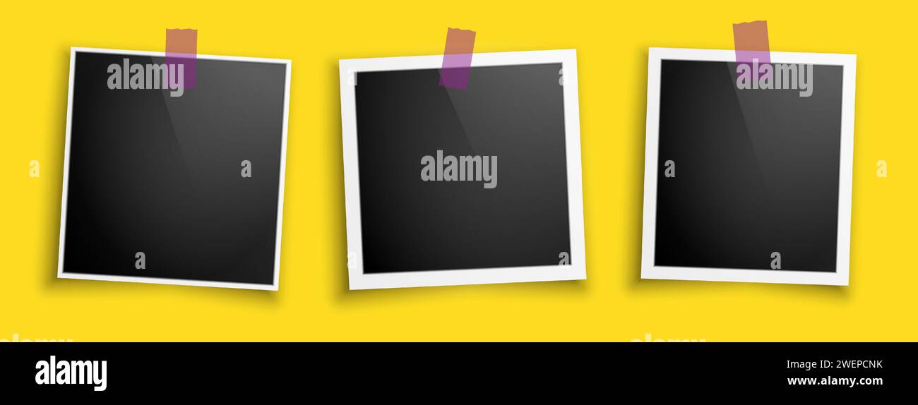 A set of three realistic Polaroid photo frame layouts with sticky tapes ...