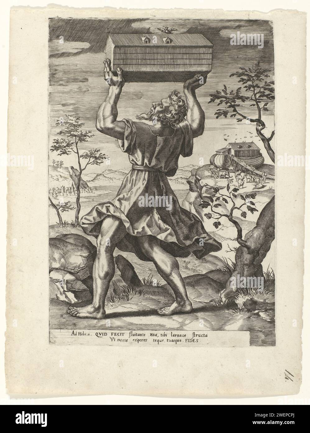 Noah builds De Ark, 1550 - 1625 print Noah lifts a model of the Ark ...