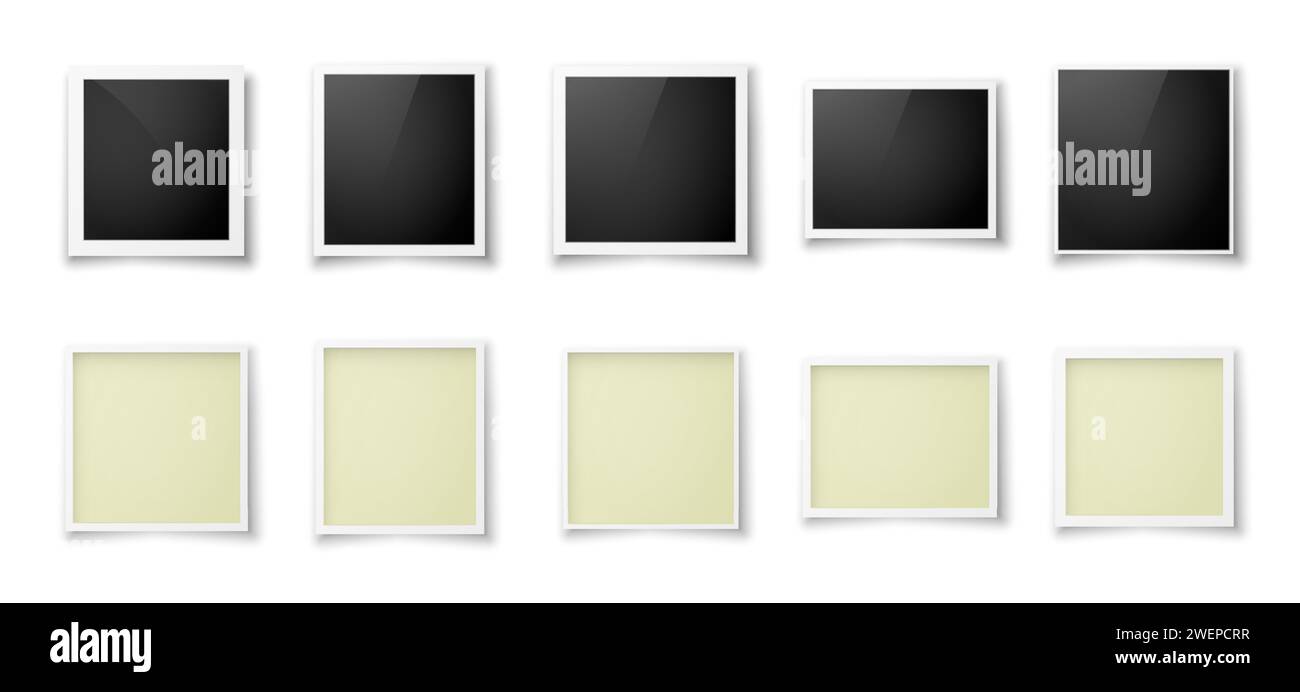 A set of ten retro photo frames with black and yellow inserts on a ...