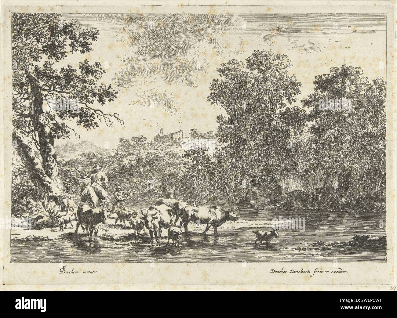 Italian landscape with shepherd on horseback and cattle by river ...