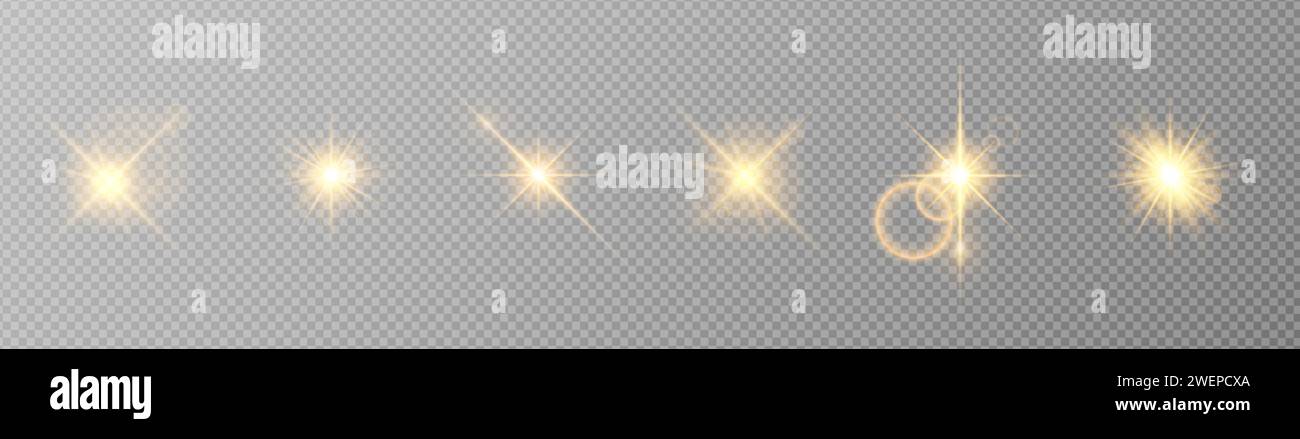 Shining golden light effects on a transparent gray background. A collection of various glowing ...