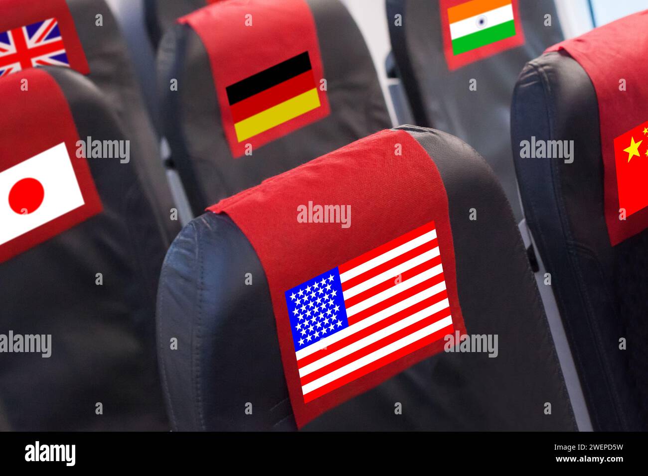International flight. Flag of USA, Great Britain, Germany, China, India ...