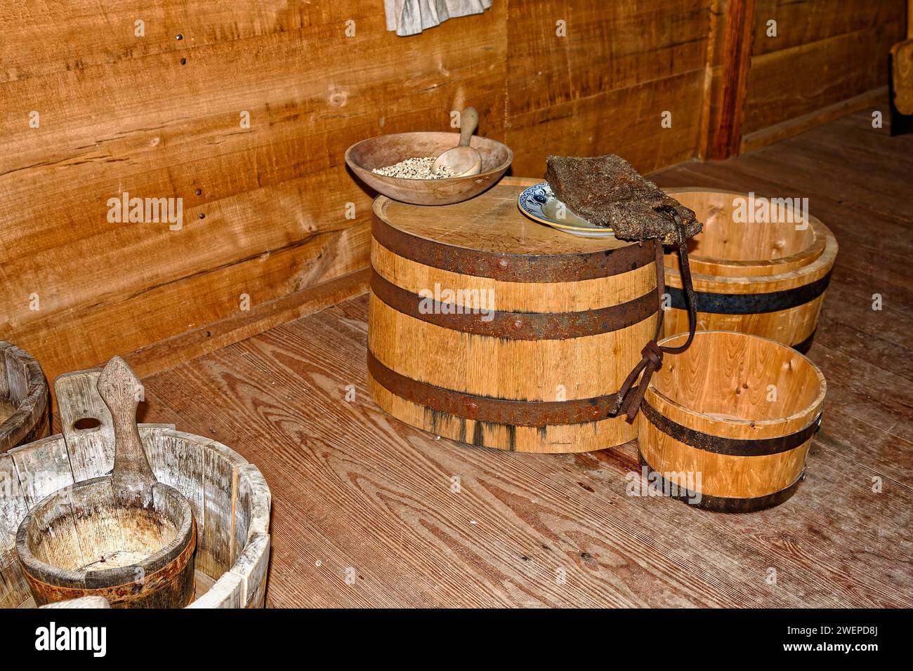 still life, old wood buckets, barrel half, dried food, arrangement ...