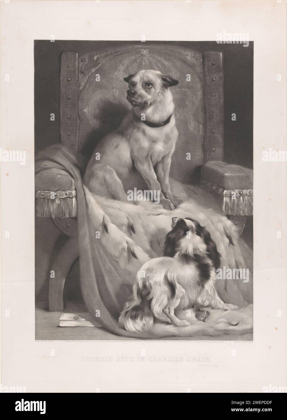 Dog on an ermine cloak on a throne, Arthur Turrell, After Edwin Douglas ...