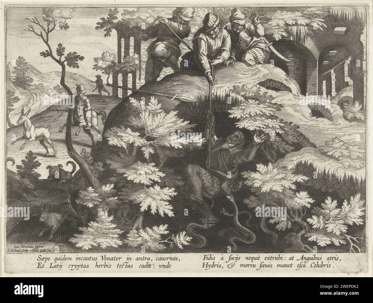 Hunter caught in Kuil, Jan Collaert (II), after Jan van der Straet ...