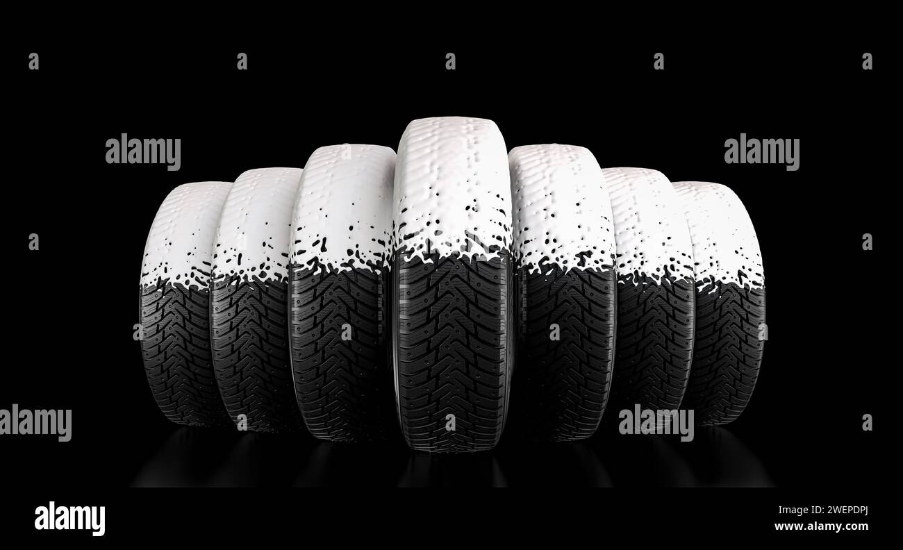 snow-covered winter tyres on a black background. 3d render Stock Photo ...