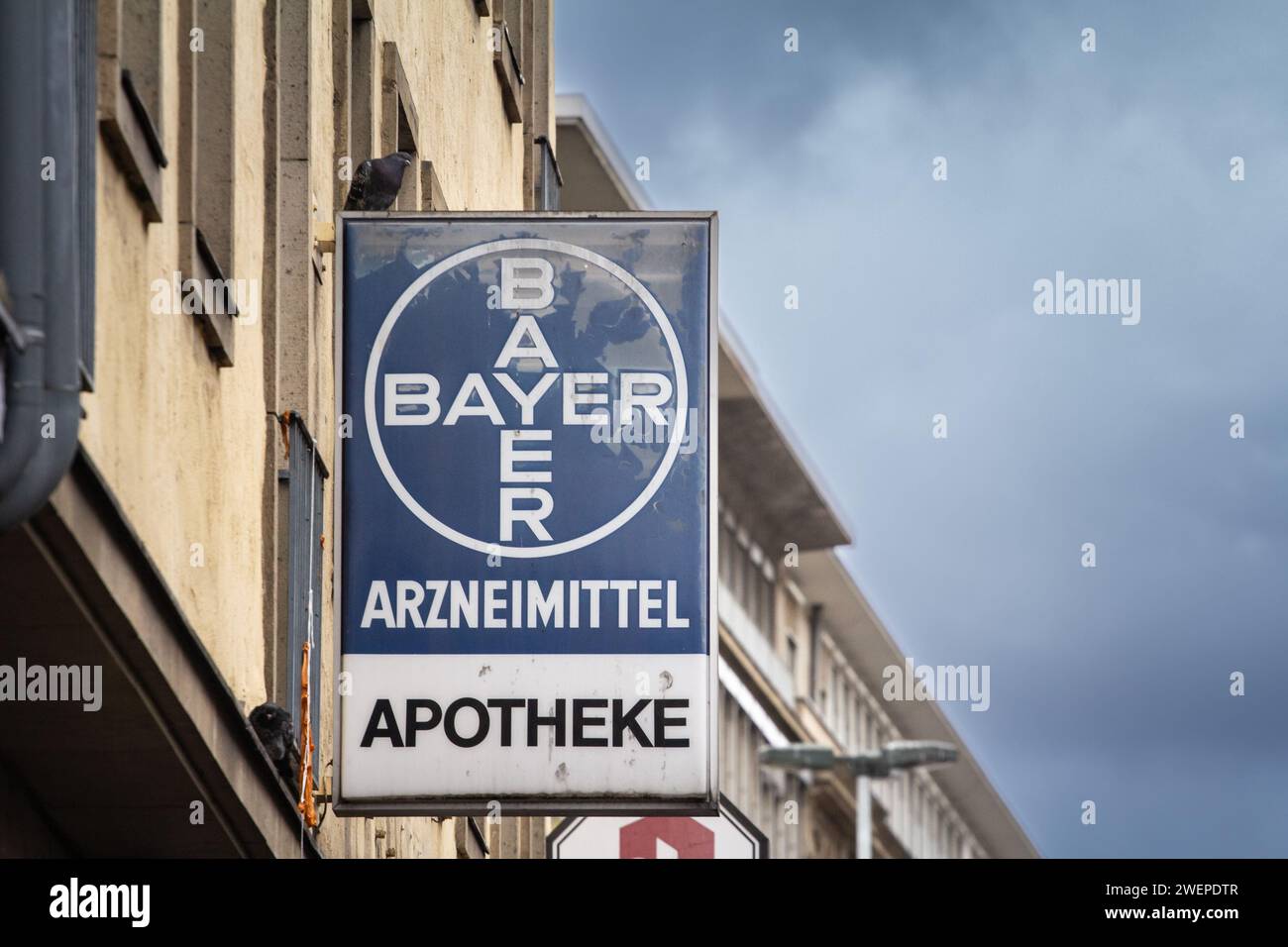 Picture of a sign with the logo of Bayer on a pharmacy in Dusseldorf ...
