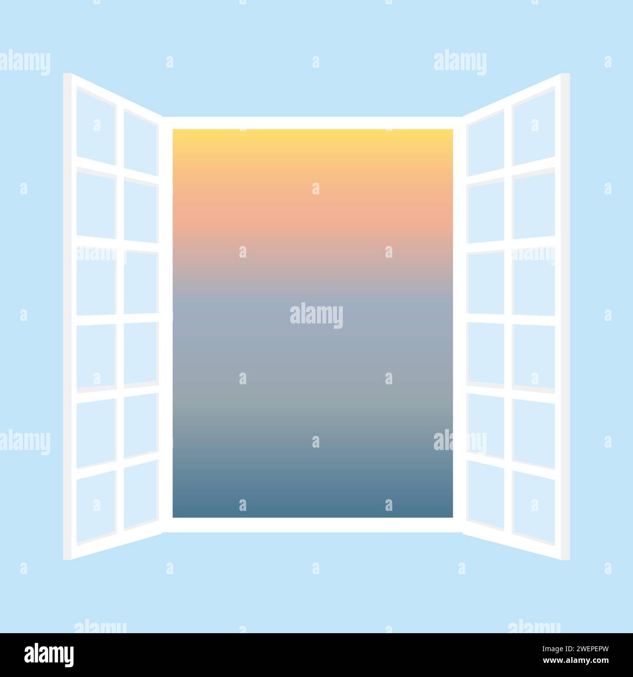 Open Window And Sunset View From Room With Blue Wall Vector ...