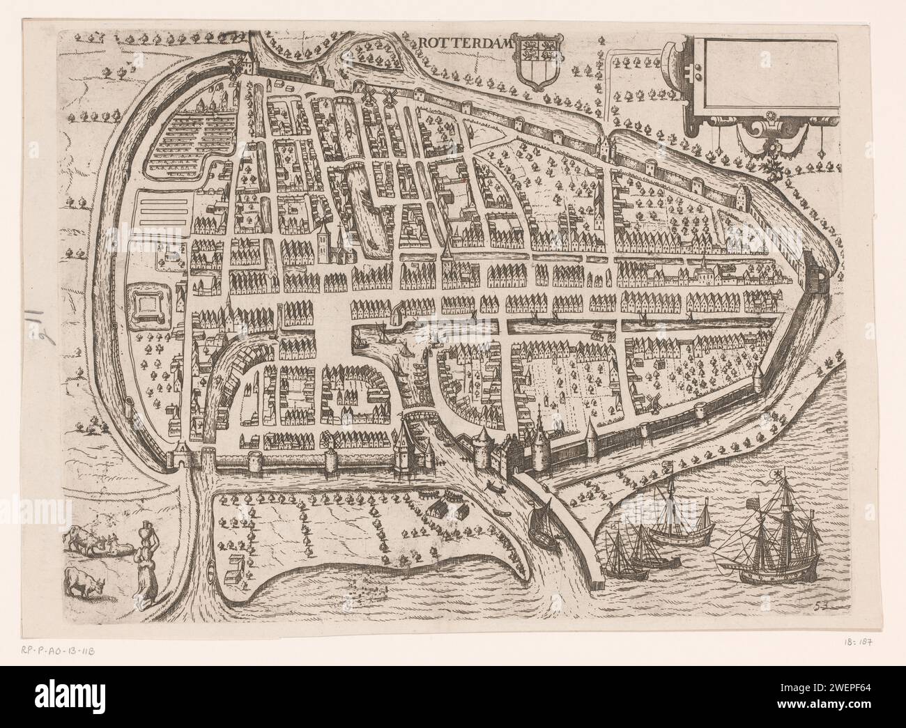 Map of Rotterdam, Anonymous, 1612 - 1648 print Map of Rotterdam in a nutshell perspective ...