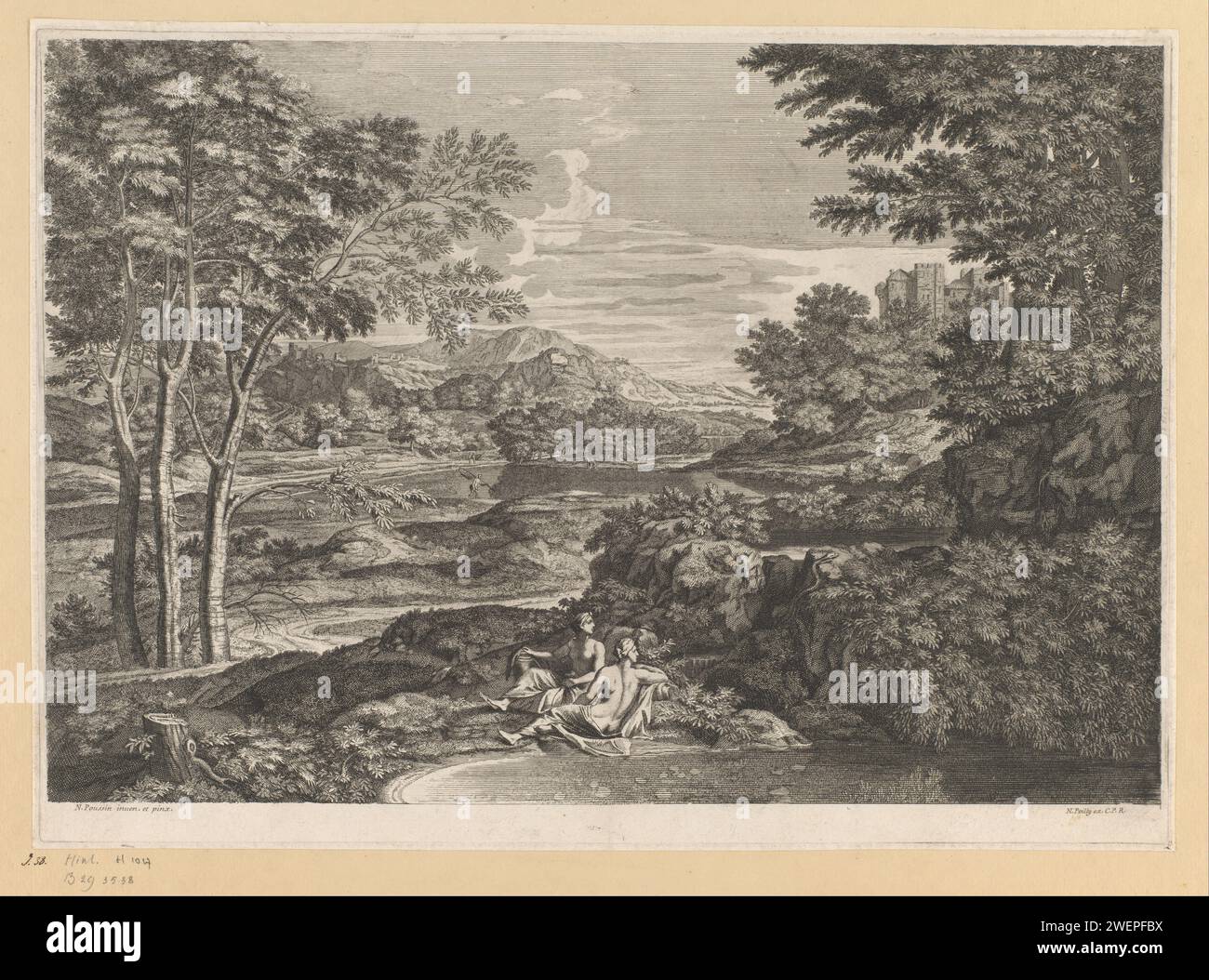 Landscape with two nymphs looking at a snake, Louis de Châtillon, after ...