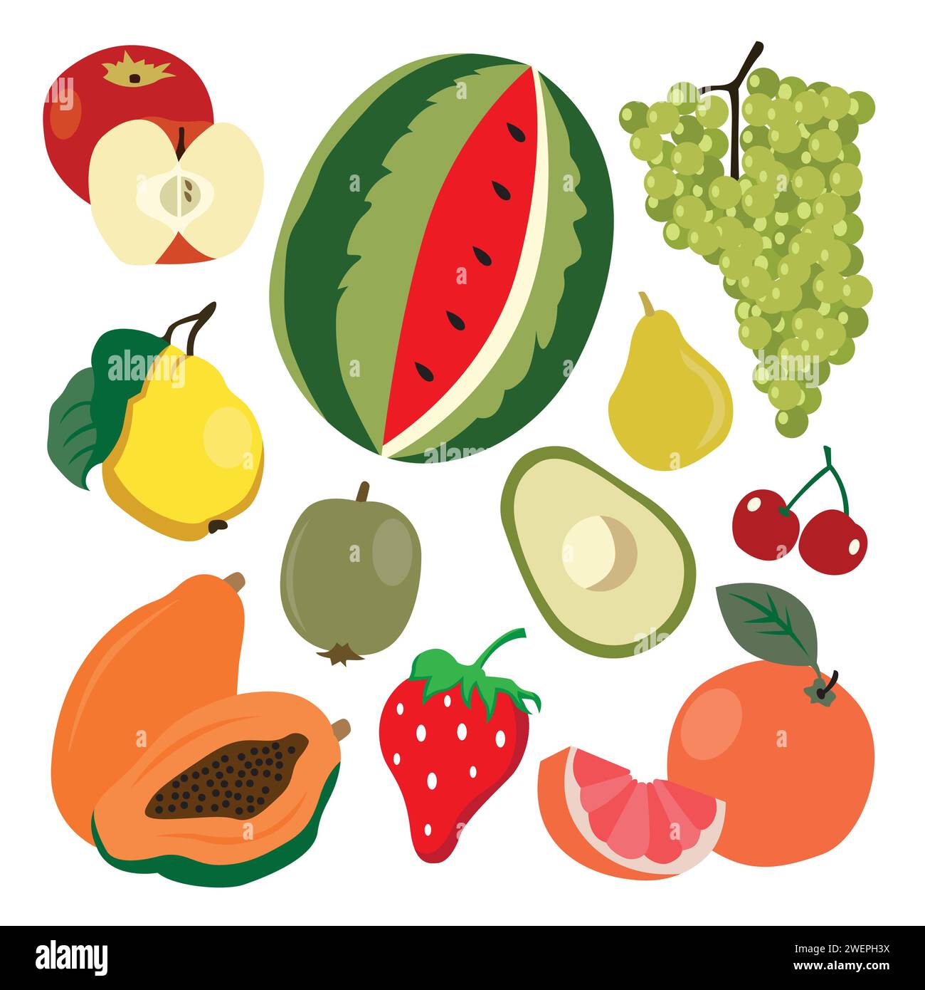 Fruit icon set. Vector illustration in flat style. Isolated on white ...