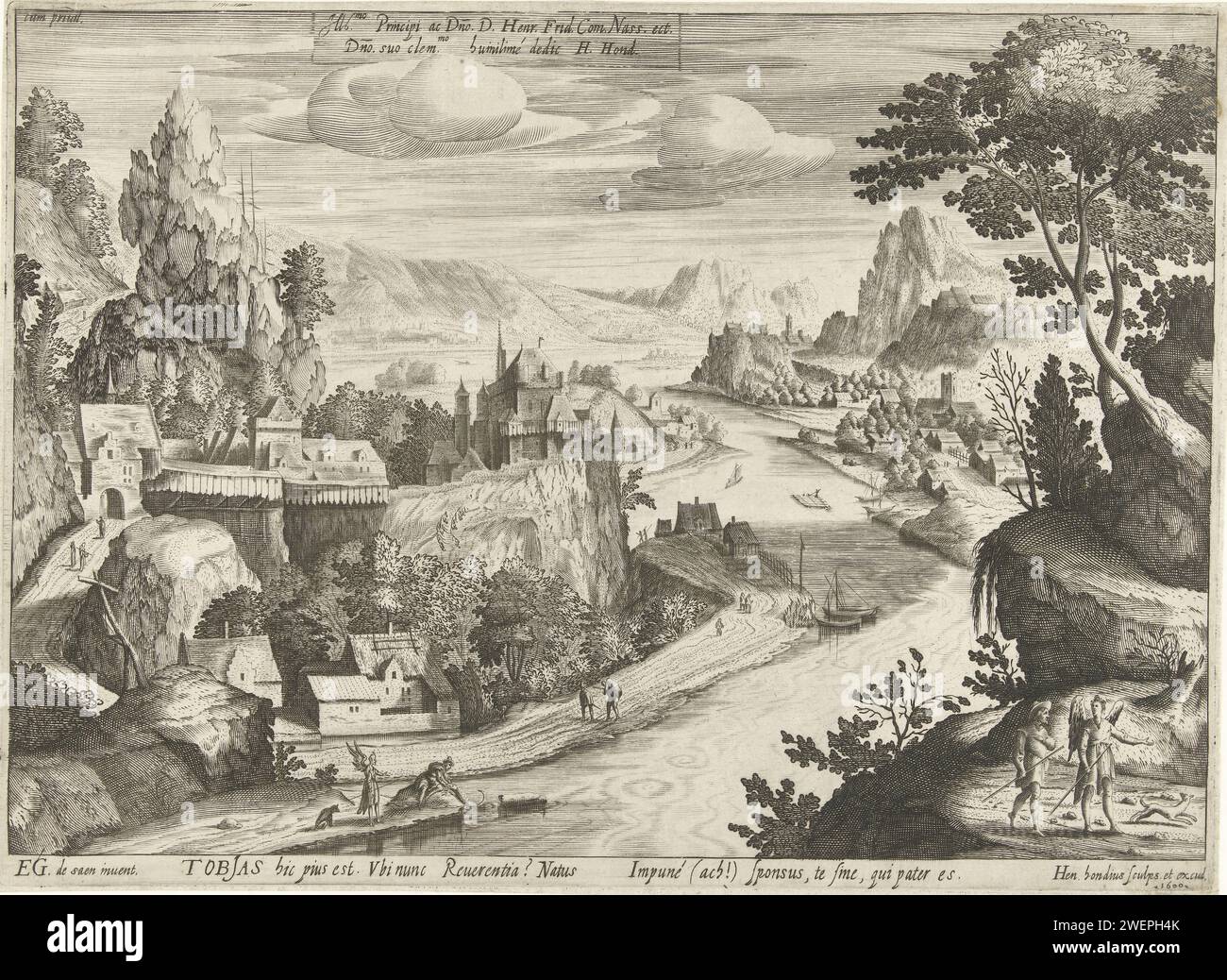 Tobias and the angel catch the fish in the Tigris, Hendrick Hondius (I ...