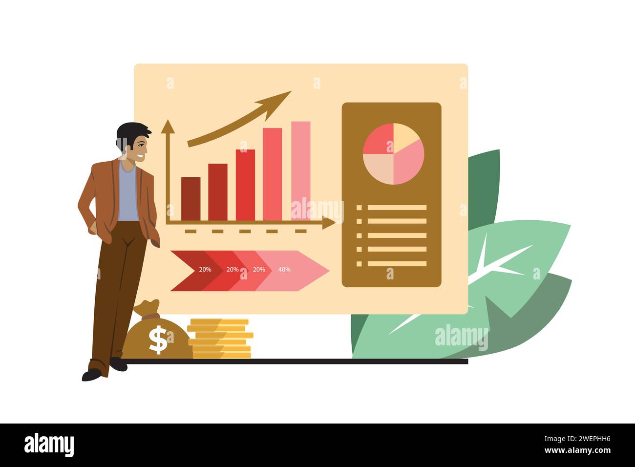 Vector illustration of a business man analyzing charts and graphs ...