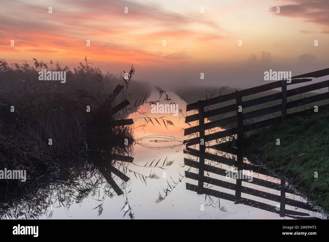Wooden fences at the water edge. Enjoy a beautiful misty sunrise in the ...