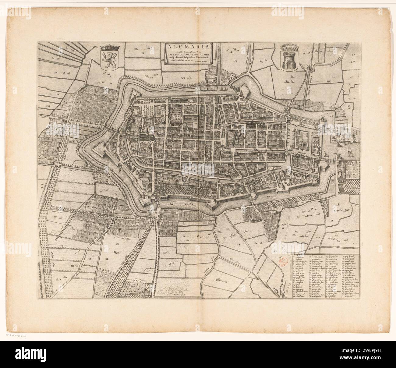 Map of Alkmaar, Anonymous, 1652 print Map in a nutshell perspective. Upstairs in the middle the ...