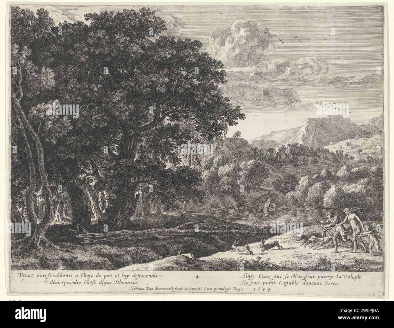 Venus and Adonis on Jacht, Herman of Swanevelt, 1654 print In a hilly ...