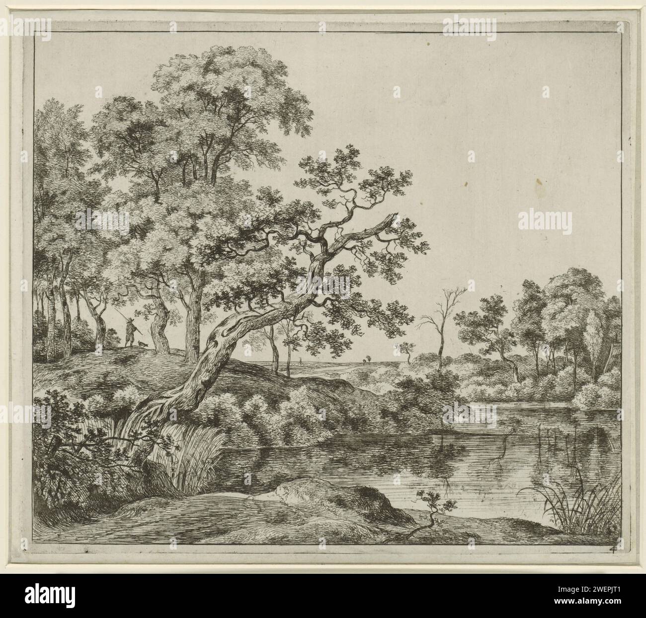 Landscape with a hanging tree on the water, Jan Hackaert, 1640 - 1699 print paper etching river ...