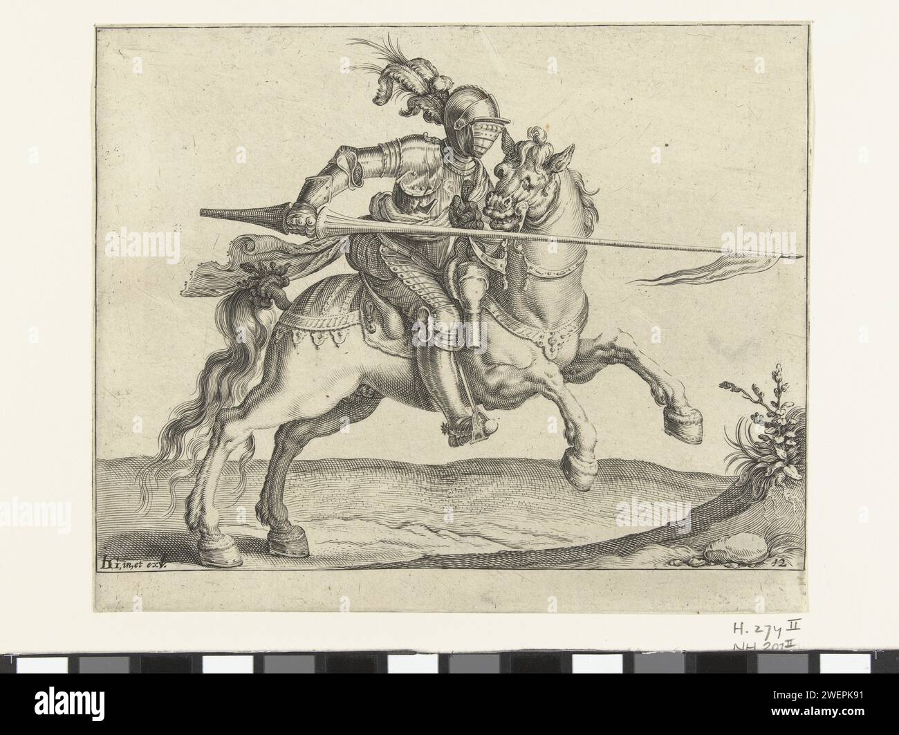 Spear rider, attacking to the right, 1640 print A harnessed man on ...