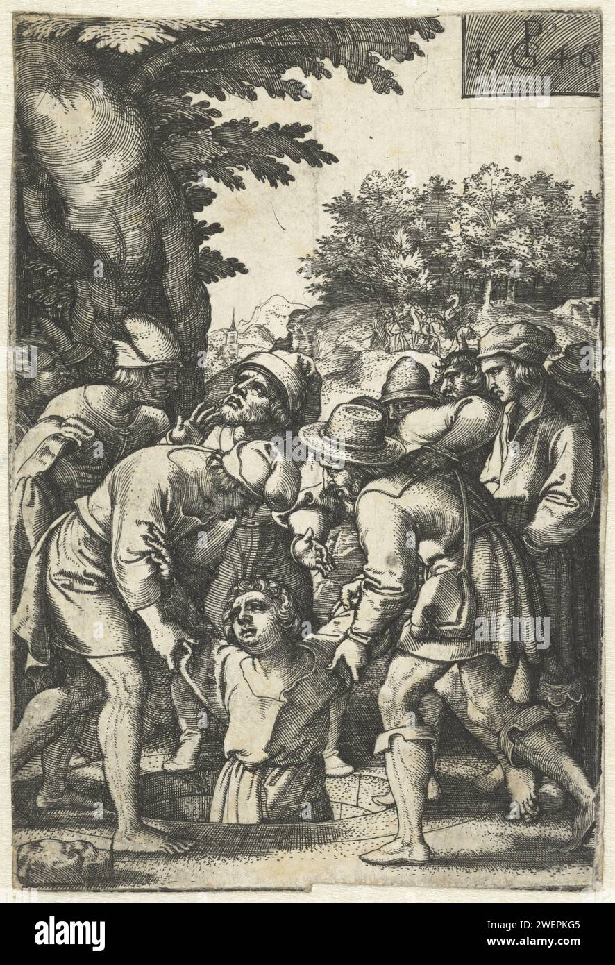 Jozef is thrown into the well by his brothers, Georg Pencz, 1546 print ...