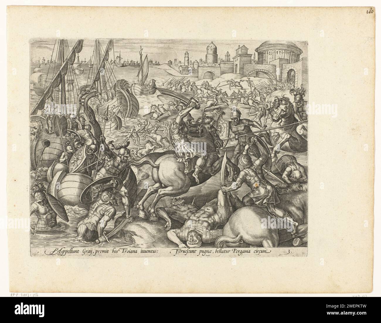Battle of Pergamon, in or before 1571 print Soldiers arrive with ships ...