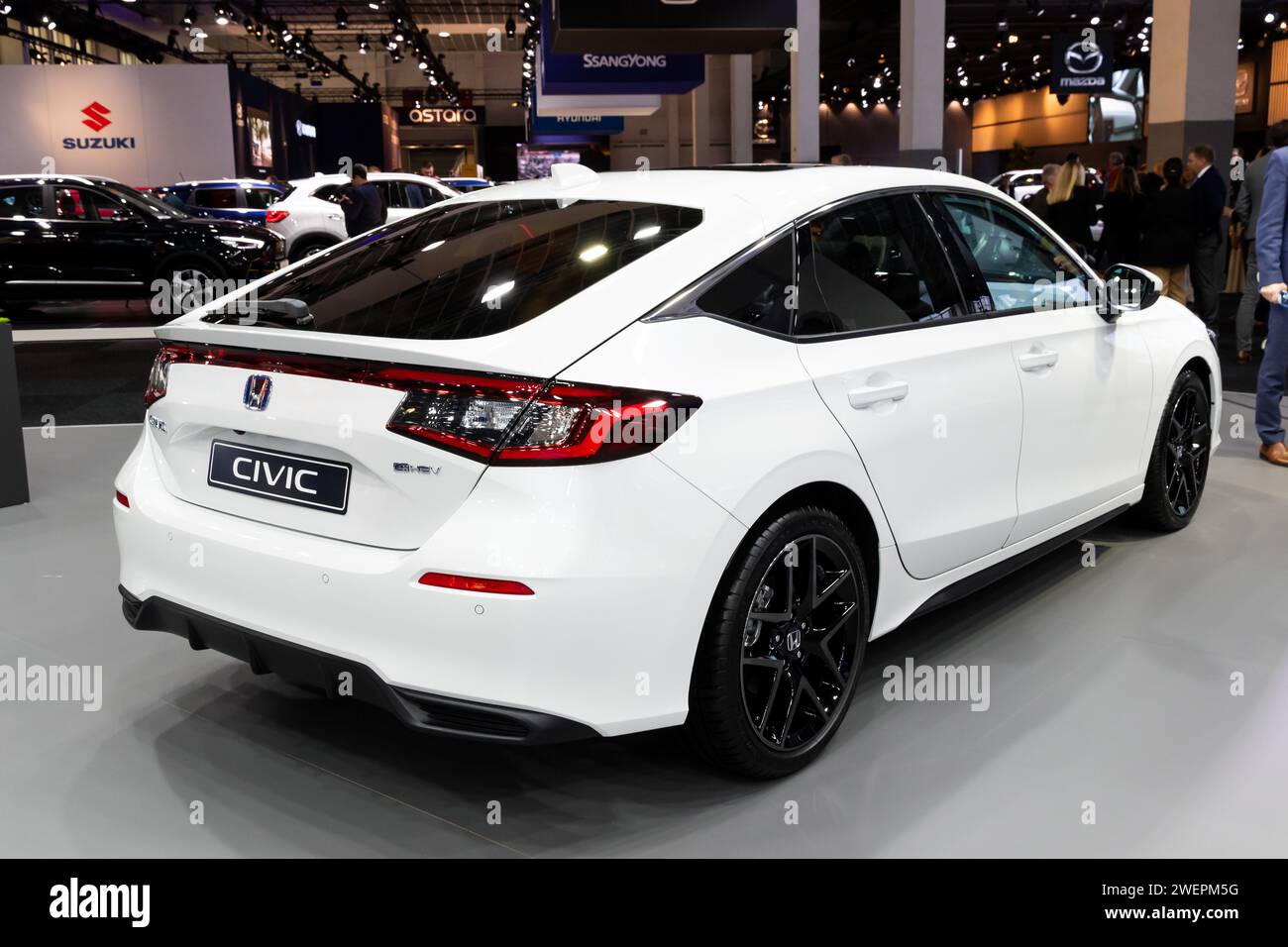 Honda Civic e-HEV hybrid car at the Brussels Autosalon European Motor Show. Brussels, Belgium ...