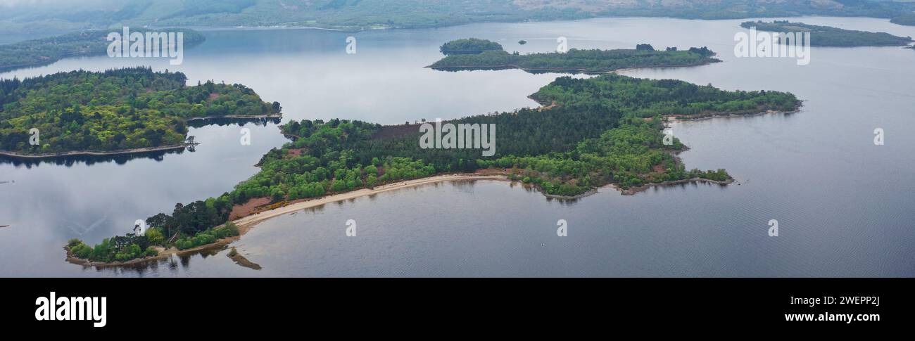 Loch Lomond aerial view showing islands Inchtavannach, Inchconnachan ...