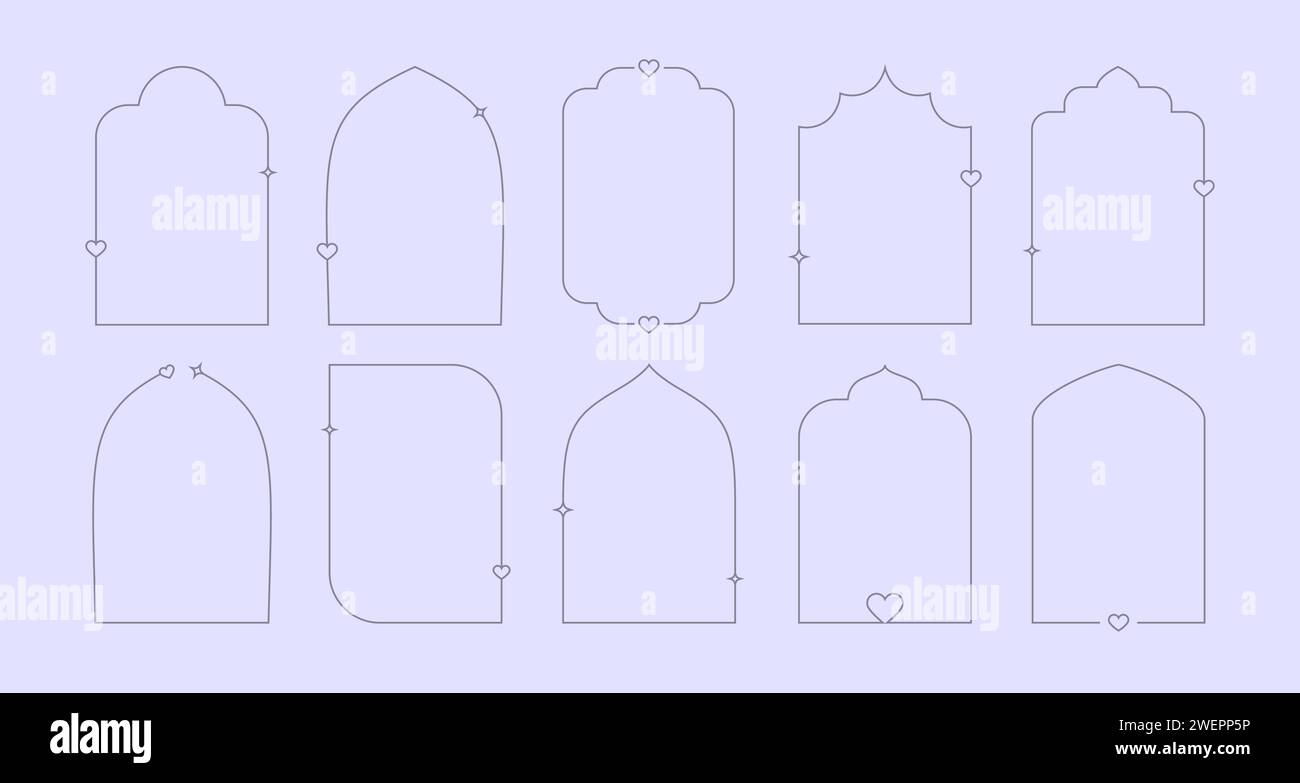 Valentines Day Y2K romantic frames. Outline vector minimalistic arches ...