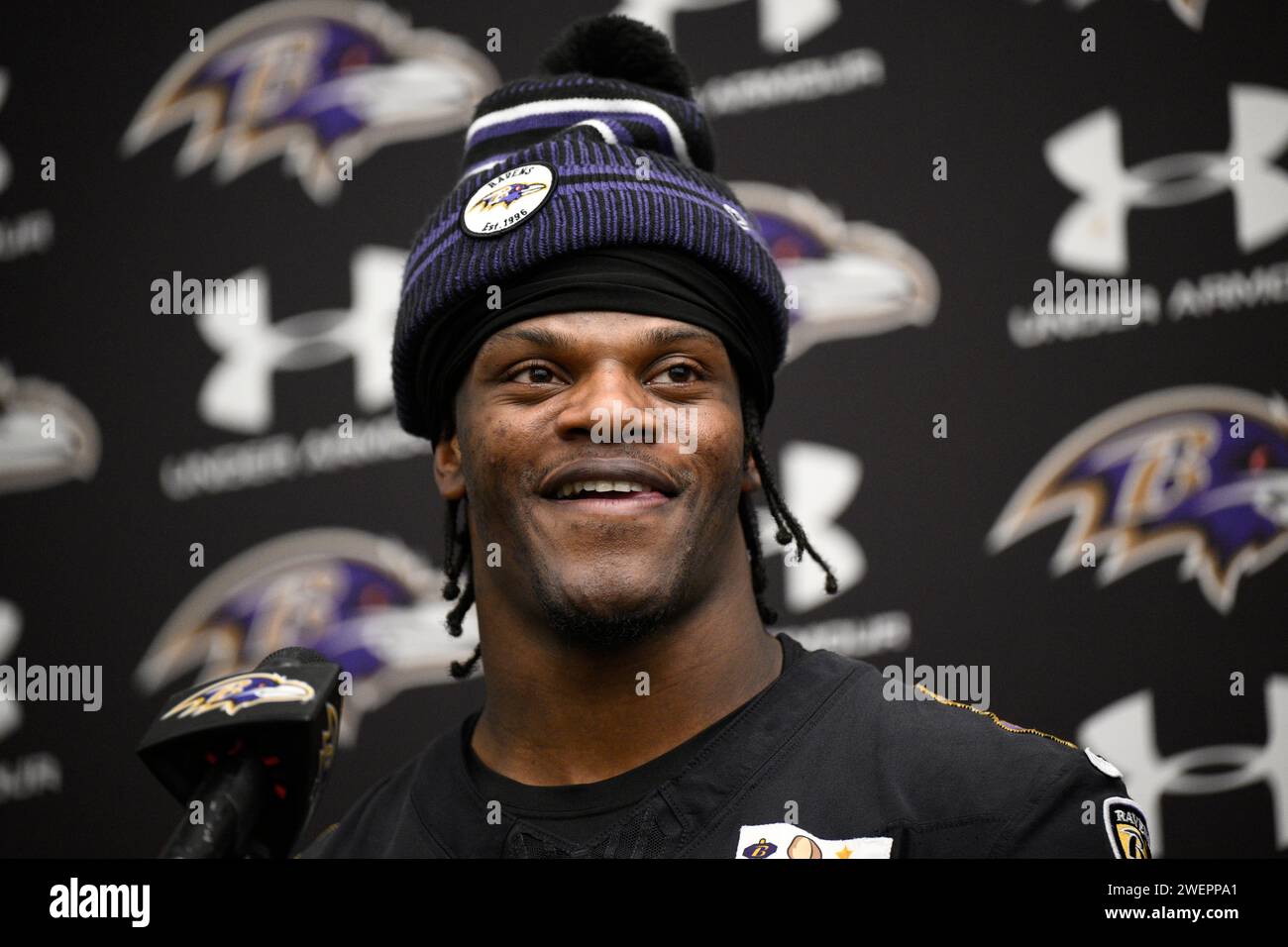 Baltimore Ravens quarterback Lamar Jackson speaks to the media during ...