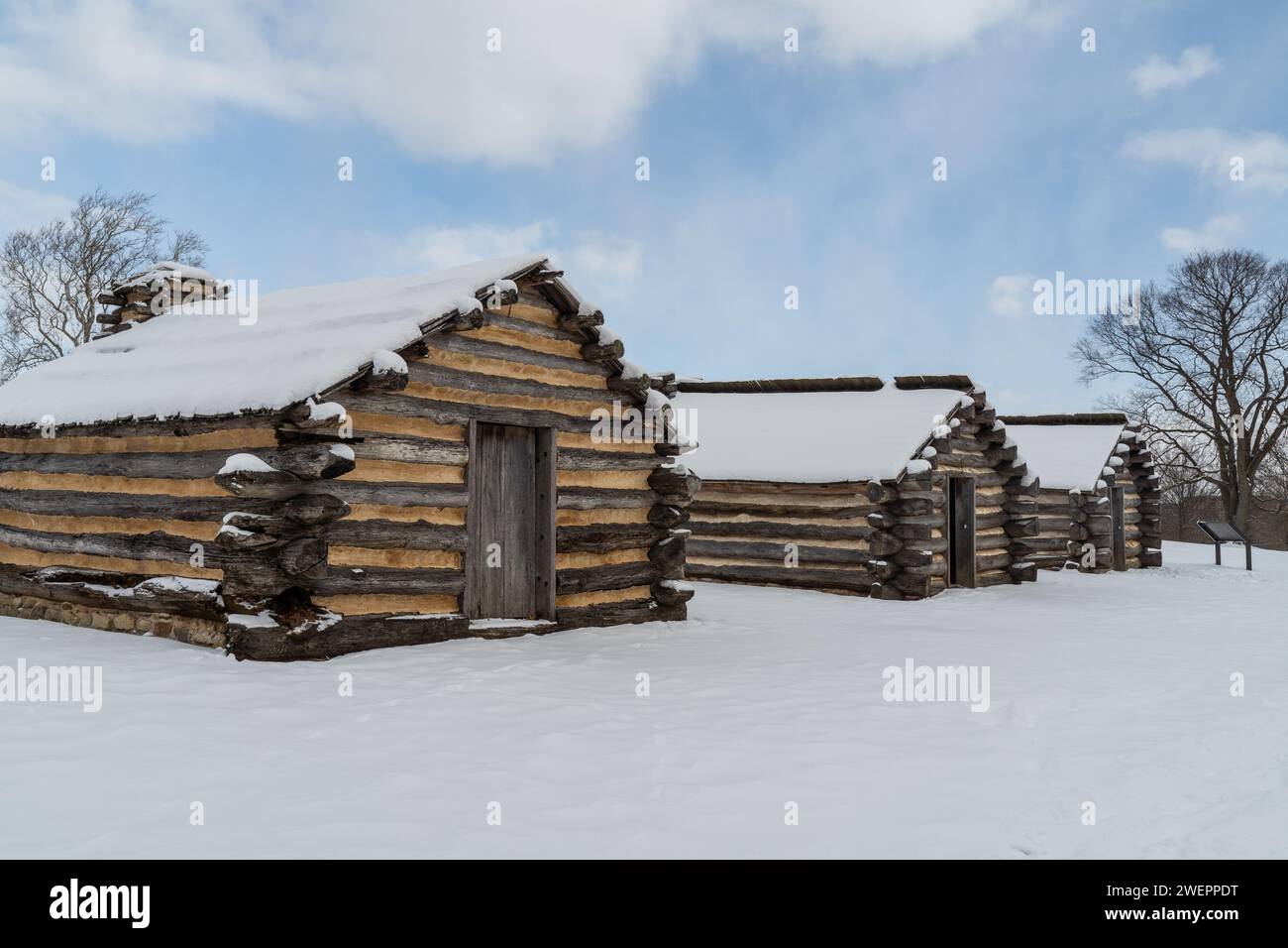 Snow covered log cabins at Valley Forge National Historic Park Stock ...