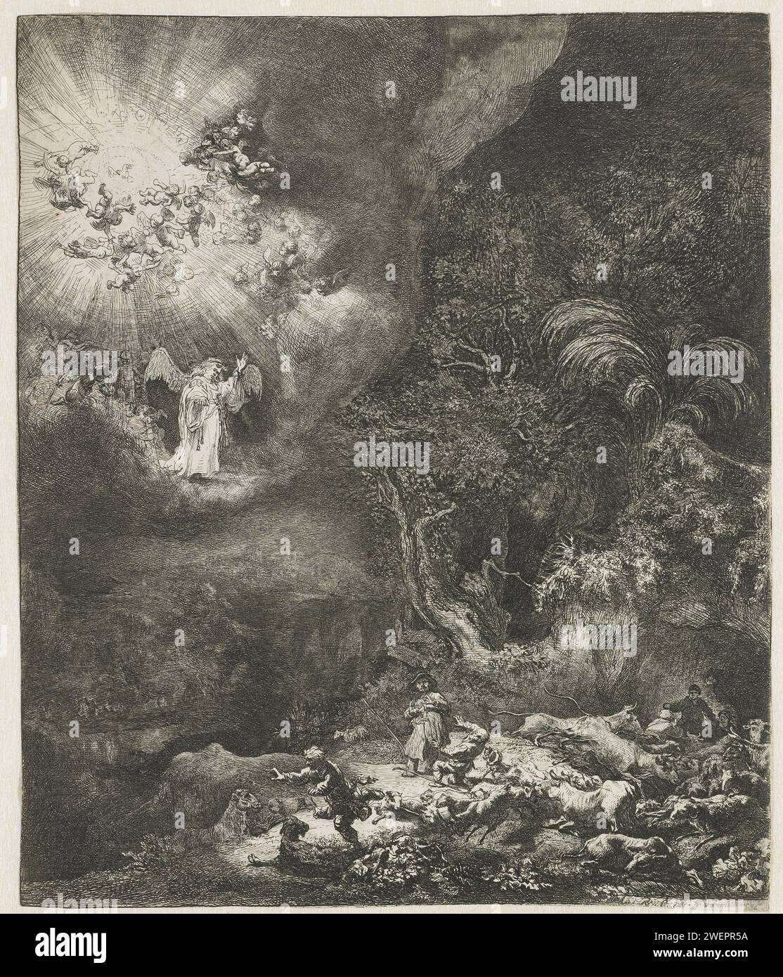The angel appearing to the shepherds, Rembrandt van Rijn, 1634 print ...